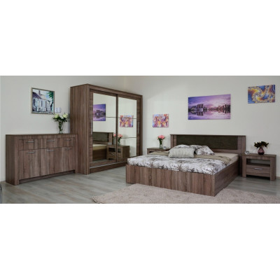 Dormitor Ebon trufle, pat 160x200, dulap usi culisante, comoda, 2 noptiere, suport saltea si ...